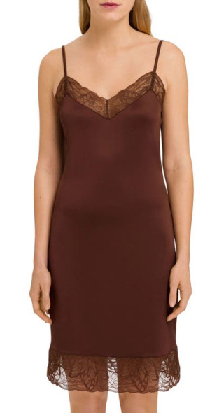 Hanro - Elia Lace Trim Satin Slip in Chocolate Chip
