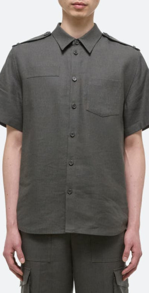 Helmut Lang - Epaulet Short Sleeve Button-Up Shirt in Graphite