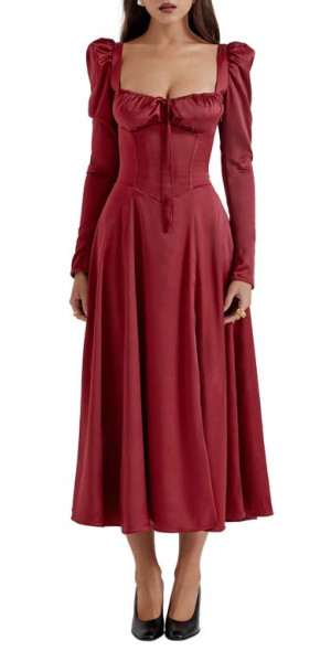 HOUSE OF CB - Sebille Long Sleeve Corset Midi Cocktail Dress in Blood Red