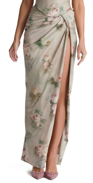 HOUSE OF CB - Vesper Gathered Side Slit Skirt in Print 2 Flower Cream
