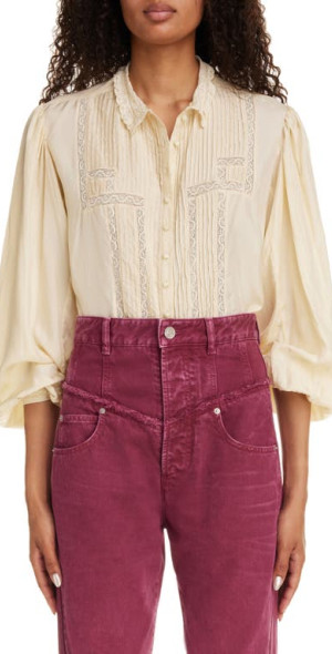 Isabel Marant - Zayen Pleated Balloon Sleeve Lace Button-Up Shirt in Vanilla