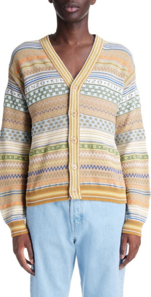 KENZO - Fair Isle Cotton V-Neck Cardigan in Camel at Nordstrom
