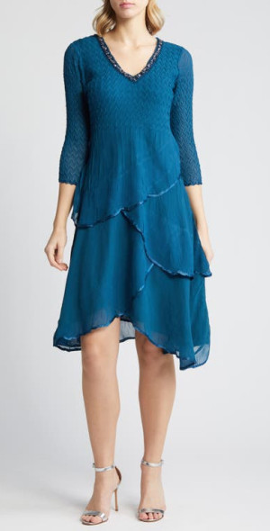 Komarov - Beaded Tiered Chiffon Cocktail Dress in Mediterranean Blue at ...