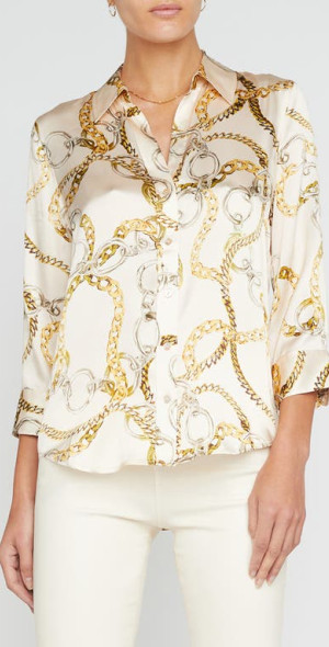 L'AGENCE - Dani Chain Print Silk Button-Up Shirt in Ecru Multi ...