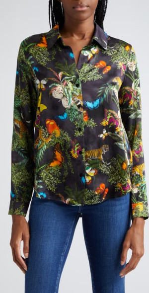 L'AGENCE - Tyler Print Silk Shirt in Black Jungle