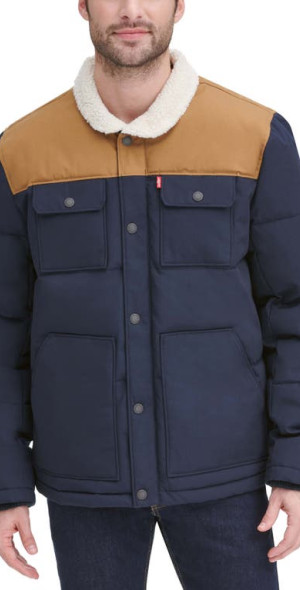 levi's - Woodsman High Pile Fleece Puffer Jacket in Navy Worker Brown ...