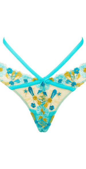 Love, Vera - Floral Emobridered G-String Thong in Blue Curacao