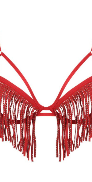 Love, Vera - Fringe Rhinestone Open Cup Underwire Bra in Red