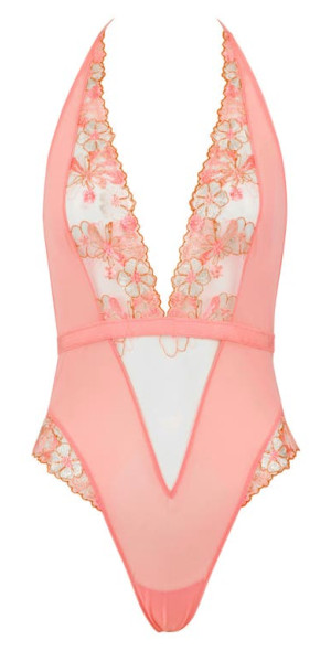 Love, Vera - Plunge Floral Embroidered Bodysuit in Coral