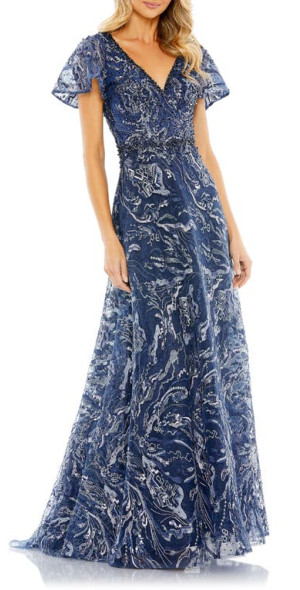 Mac Duggal - Embroidered Embellished Flutter Sleeve Gown in Navy at Nordstrom