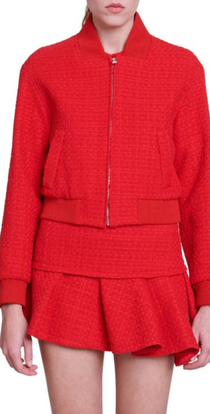 maje - Bala Front Zip Tweed Jacket in Red