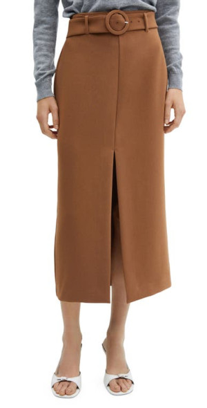 MANGO - Belted Front Slit Midi Skirt in Medium Brown