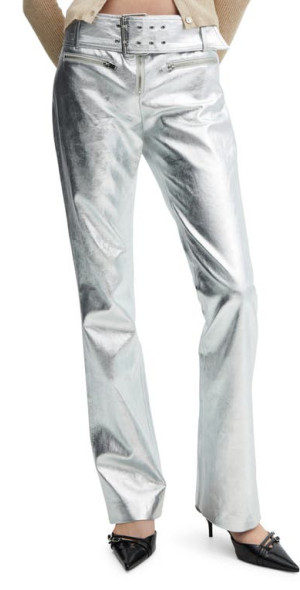 MANGO - Belted Metallic Faux Leather Pants in Silver
