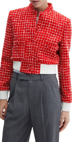 MANGO - Check Tweed Bomber Jacket in Red