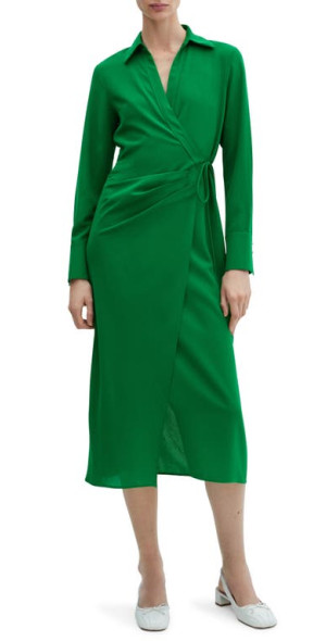 MANGO - Collared Midi Wrap Dress in Green