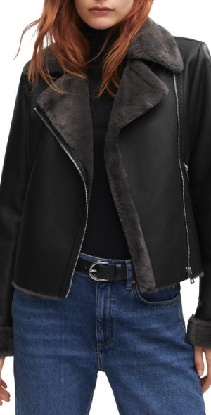 MANGO - Faux Leather & Faux Fur Moto Jacket in Black