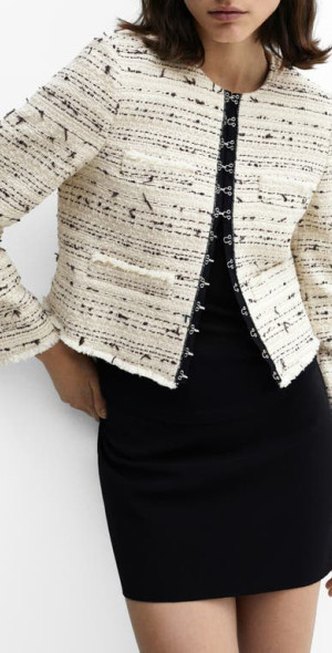 MANGO - Modena Stripe Crop Tweed Jacket in Light Beige