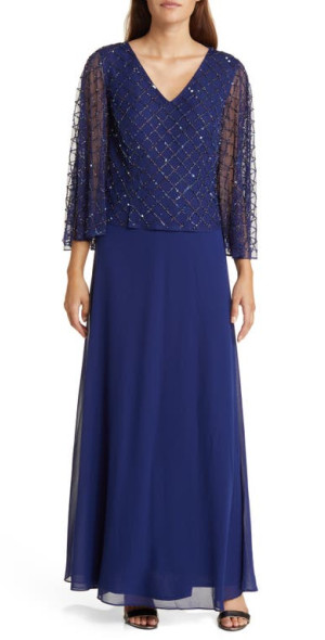 Marina - Beaded Capelet & Gown in Navy at Nordstrom