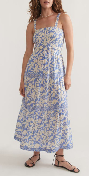 Marine Layer - Selene Floral Smocked Tiered Maxi Sundress in Blue Flora