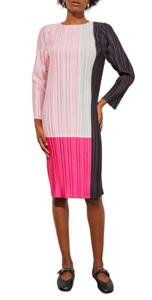 Ming Wang - Colorblock Pleated Long Sleeve Dress in Perfect Pink Multi