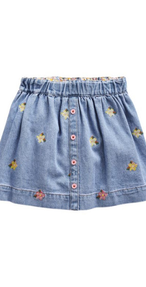 Mini Boden - Kids' Embroidered Cotton Denim Skirt in Green Olive