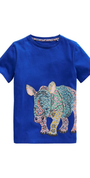 Mini Boden - Kids' Rhino Appliqué Cotton T-Shirt in Peacock Plume Blue