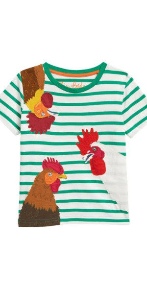 Mini Boden - Kids' Stripe Pets Appliqué T-Shirt in Sapling Green Chickens