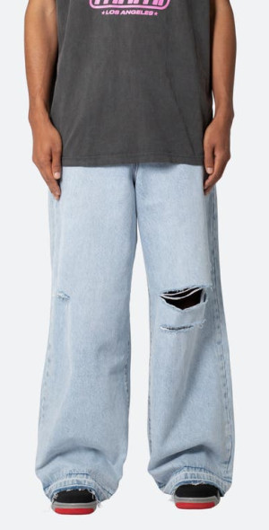 mnml - Baggy Rave Ripped Wide Leg Jeans in Light Blue