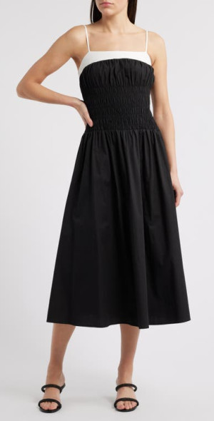 MOON RIVER - Smocked Cotton Poplin Midi Sundress in Black at Nordstrom ...