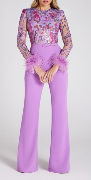 NADINE MERABI - Michaela Ostrich & Turkey Feather Belted Long Sleeve Jumpsuit in Medium Purple