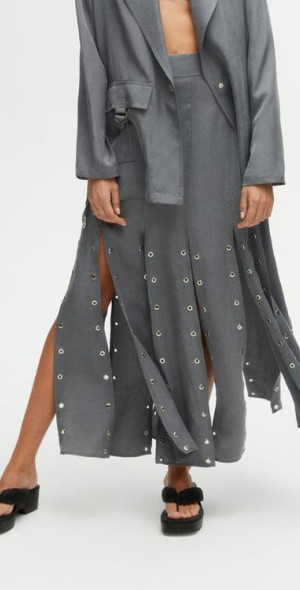 Nocturne - Long Eyelet Skirt with Slits in Grey