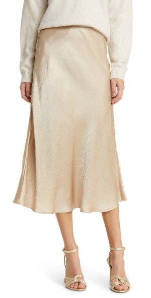 Nordstrom - Bias Cut Satin Midi Skirt in Tan Doeskin