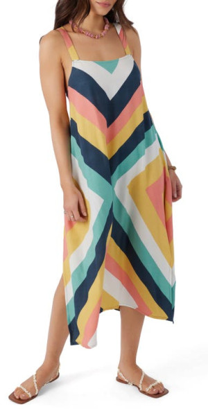 O'Neill - Miranda Chevron Stripe Crepe Midi Dress in Teal Multi at ...