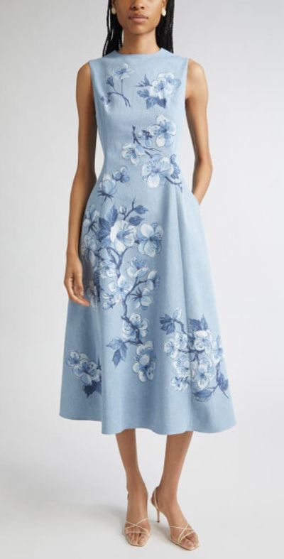 Oscar de la Renta - Cherry Blossom Denim Midi Dress in Light Wash Denim ...