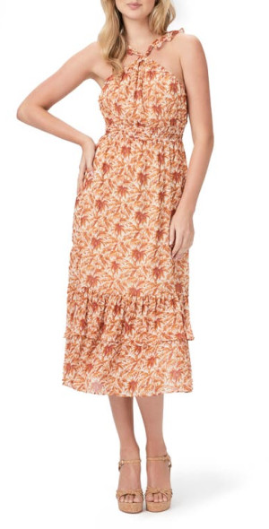 PAIGE - Florencia Palm Print Silk Halter Dress in White/Cinnabar at ...