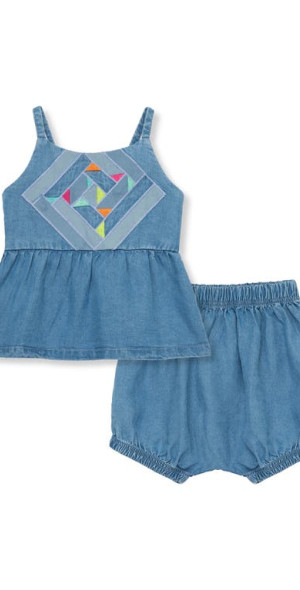 Peek Essentials - Embroidered Patchwork Chambray Tank & Bloomers in Light Stone