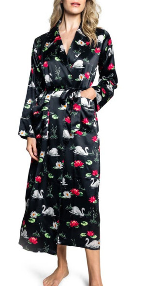 Petite Plume - Swan Lake Print Piped Mulberry Silk Robe in Black at ...