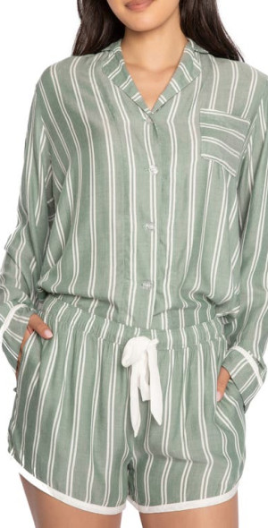 PJ Salvage - Stripe Hype Sateen Short Pajamas in Forest Green