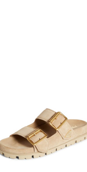 Prada - Diagram Double Strap Slide Sandal in Beige at Nordstrom