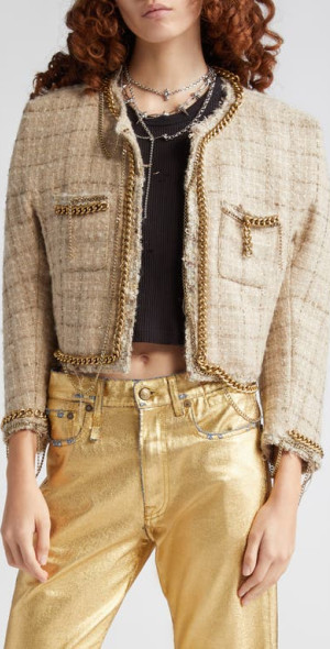 R13 - Chain Embellished Crop Wool & Mohair Blend Tweed Jacket in Beige ...