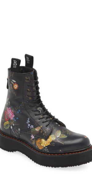 R13 - Stack Combat Boot in Black /Floral at Nordstrom