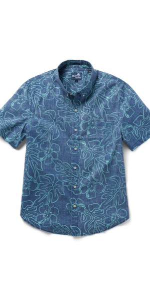 Reyn Spooner - Monstera Ink Tailored Fit Short Sleeve Button-Down Shirt in Dress Blues