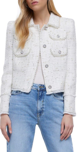 River Island - Faux Pearl Crop Bouclé Trophy Jacket in Cream at Nordstrom