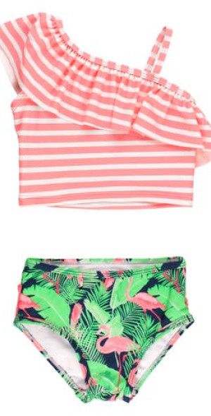 RuffleButts - Girls One Shoulder Ruffle Tankini in Flamingo Frenzy