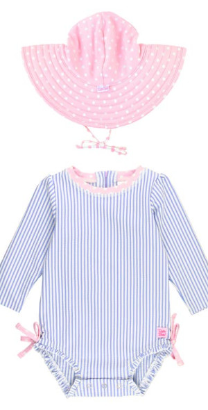 RuffleButts - Seersucker One-Piece Rashguard Swimsuit & Hat Set in ...