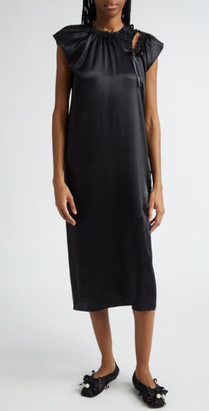 Simone Rocha - Shoulder Bite Silk Midi Dress in Black/Black