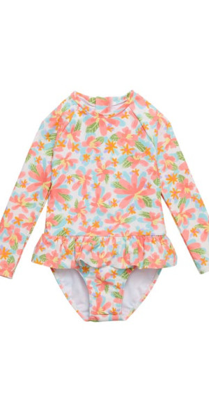 Snapper Rock - Kids' Luau One-Piece Rashguard Swimsuit in Coral Multi