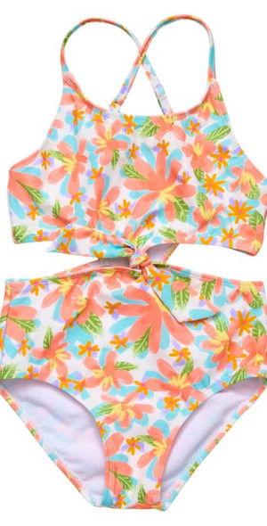 Snapper Rock - Kids' Tropical Print Cutout One-Piece Swimsuit in Multi