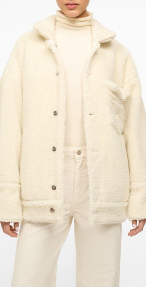 STAUD - + Wrangler Faux Shearling & Denim Trucker Jacket in Cream at ...