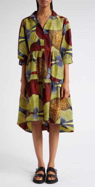 The Oula Company - Geo Print Tiered High-Low Dress in Rust Yellow Blue ...